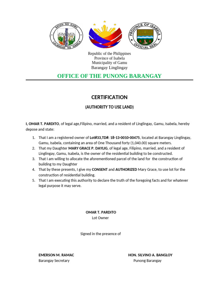 Land Use Certification for Residential Building | PDF
