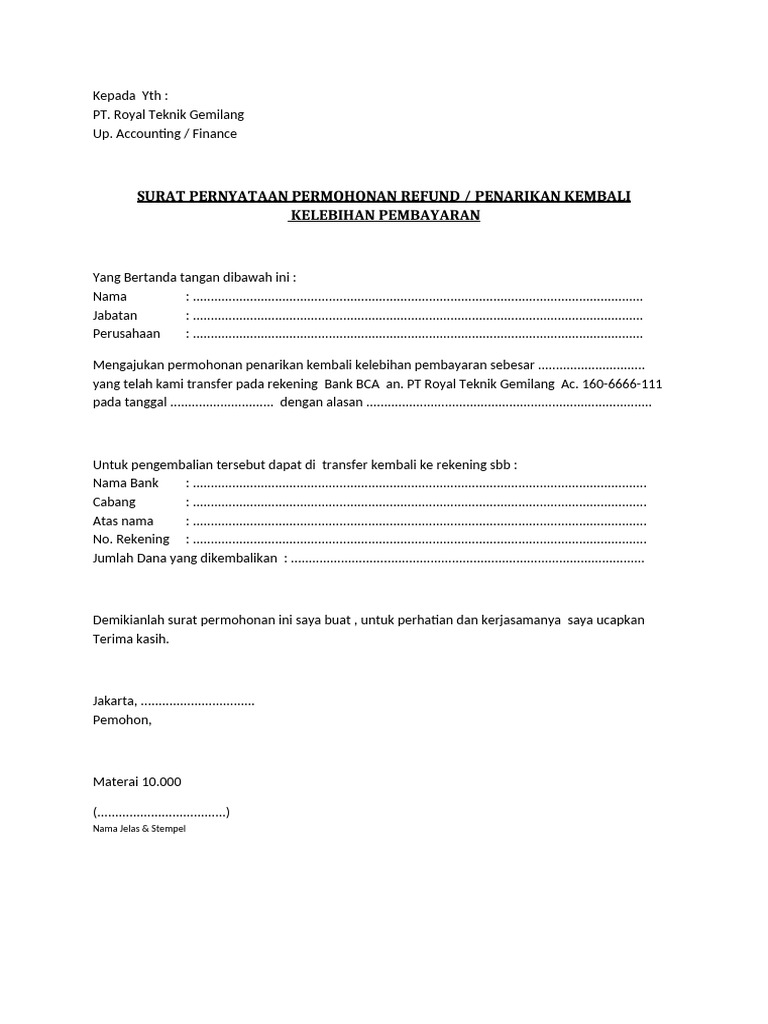 Surat Permohonan Refund Kelebihan Pembayaran | PDF