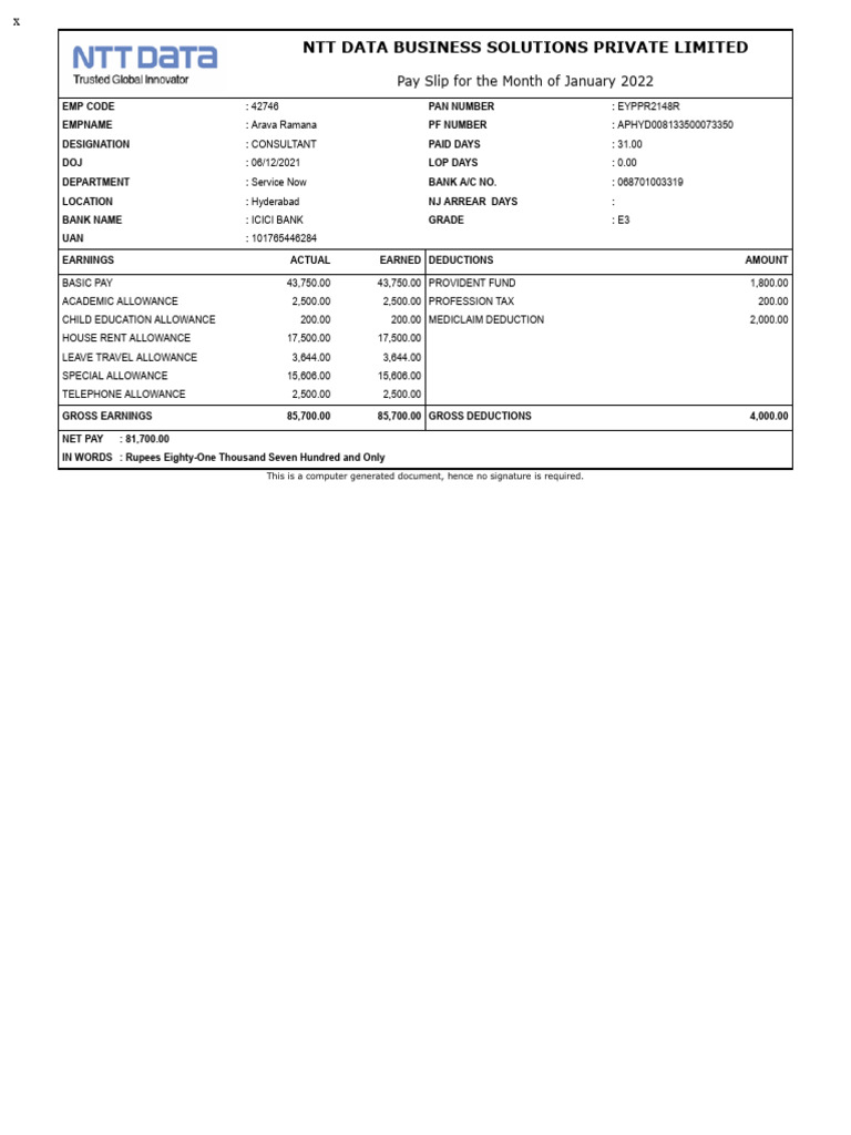 January 2022 Salary Slip Summary | PDF