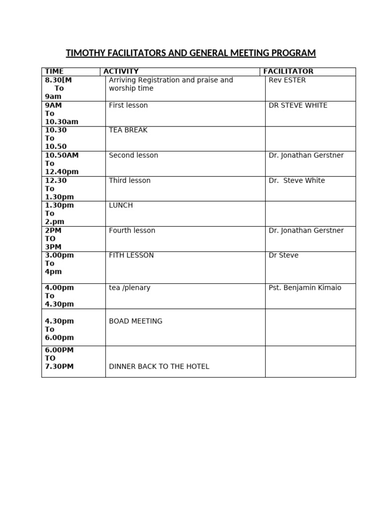 Timothy Facilitators and General Meeting Program | PDF