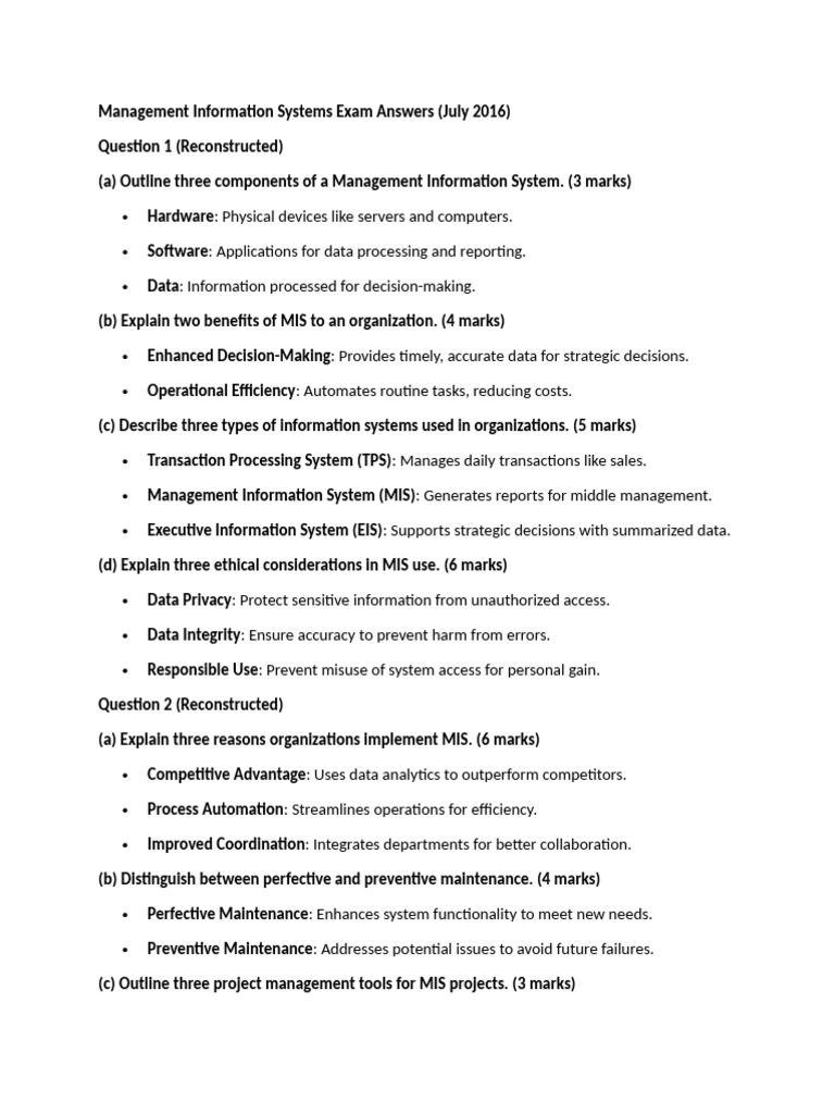 MIS Exam Answers - July 2016 | PDF | Management Information System ...