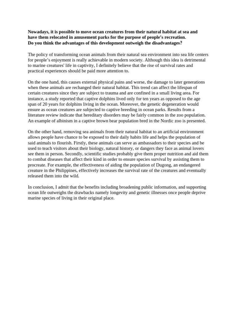 Pros and Cons of Captive Ocean Animals | PDF