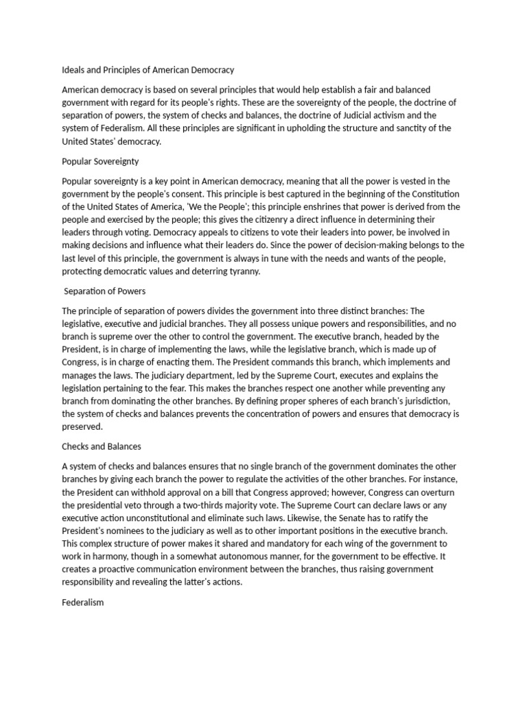 Principles of American Democracy Explained | PDF | Separation Of Powers ...
