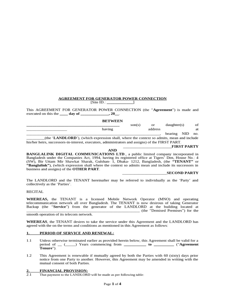 Generator Power Connection Agreement | PDF | Leasehold Estate | Landlord