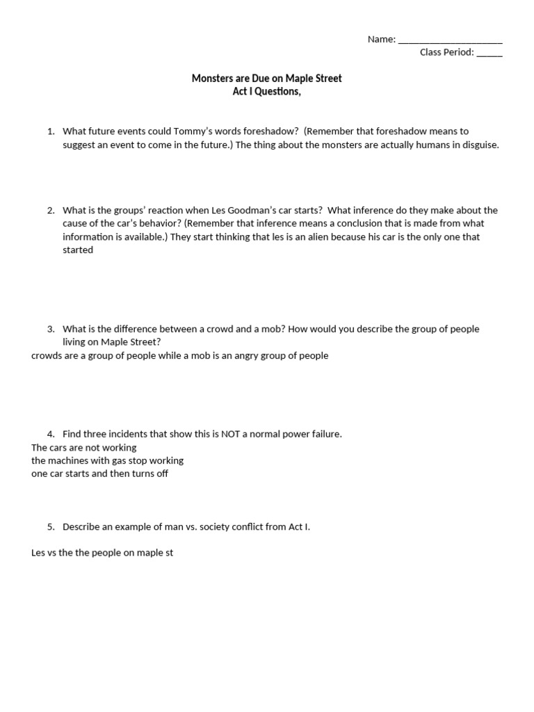 Maple Street Monsters Analysis Questions | PDF