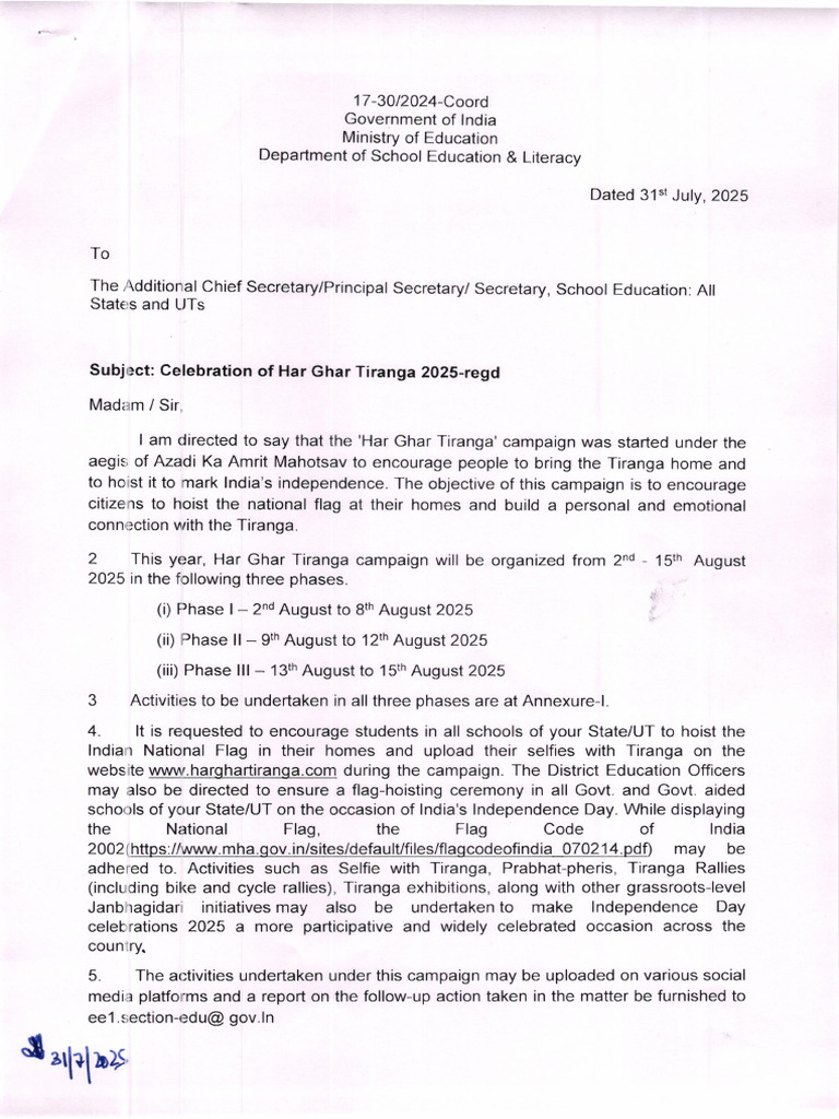Ministry Letter DT 31.07.2025-Celerbration Har Ghar Tiranga | PDF ...
