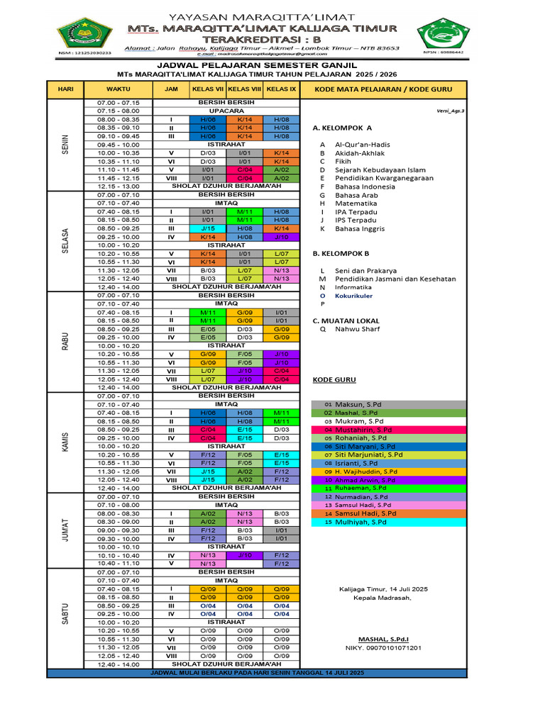 Jadwal Pelajaran MTs Maraqitta 2025 | PDF