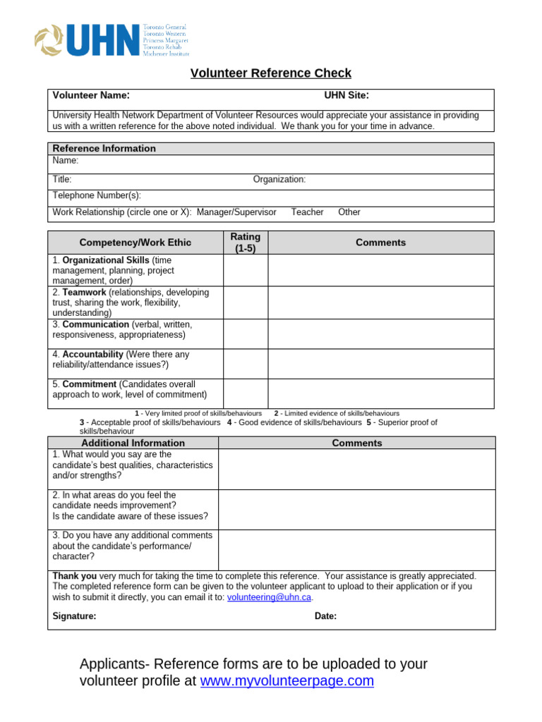 UHN Volunteer Reference Form Template | PDF