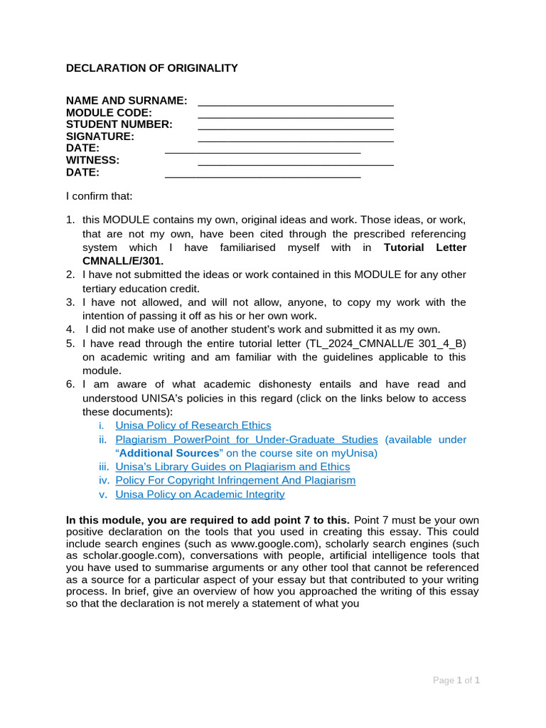 Declaration of Originality - 2024 | PDF