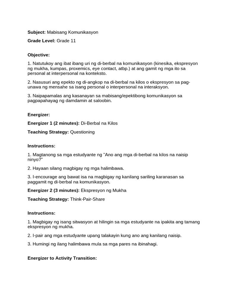 Lesson - Plan - Mabisang Komunikasyon | PDF
