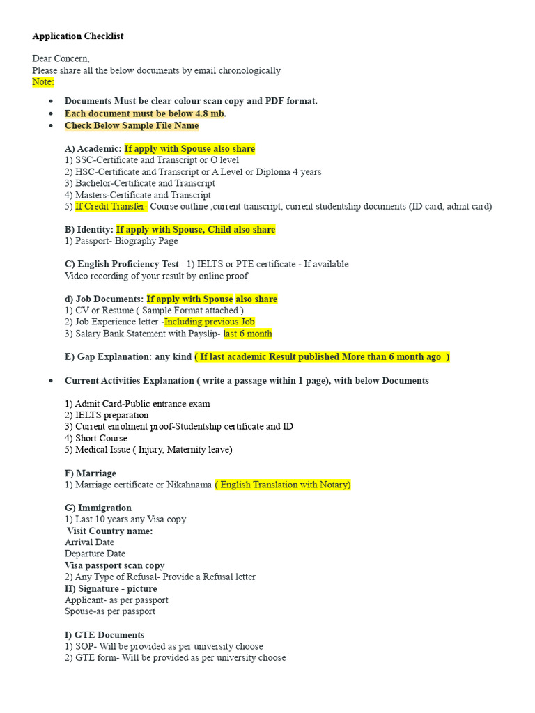 Comprehensive Application Document Checklist | PDF