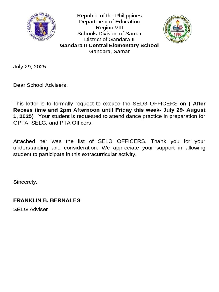 Excuse Letter for SELG Officers | PDF