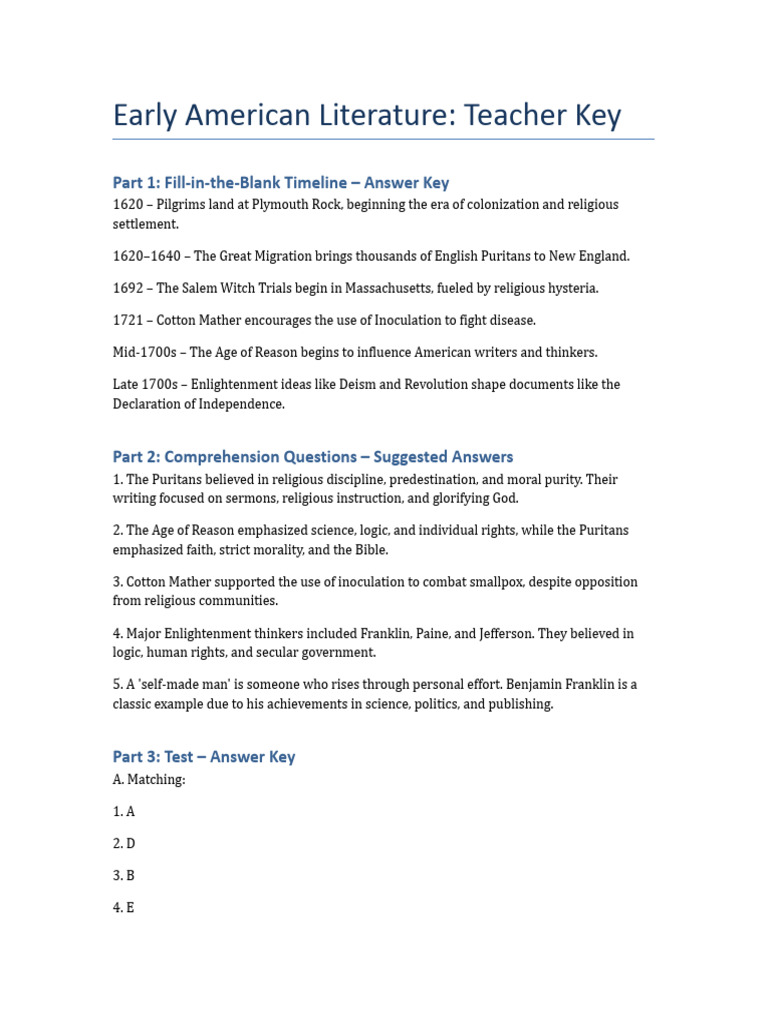 CH 1 11th ELA Early - American - Lit - Teacher - Key | PDF | Chess ...