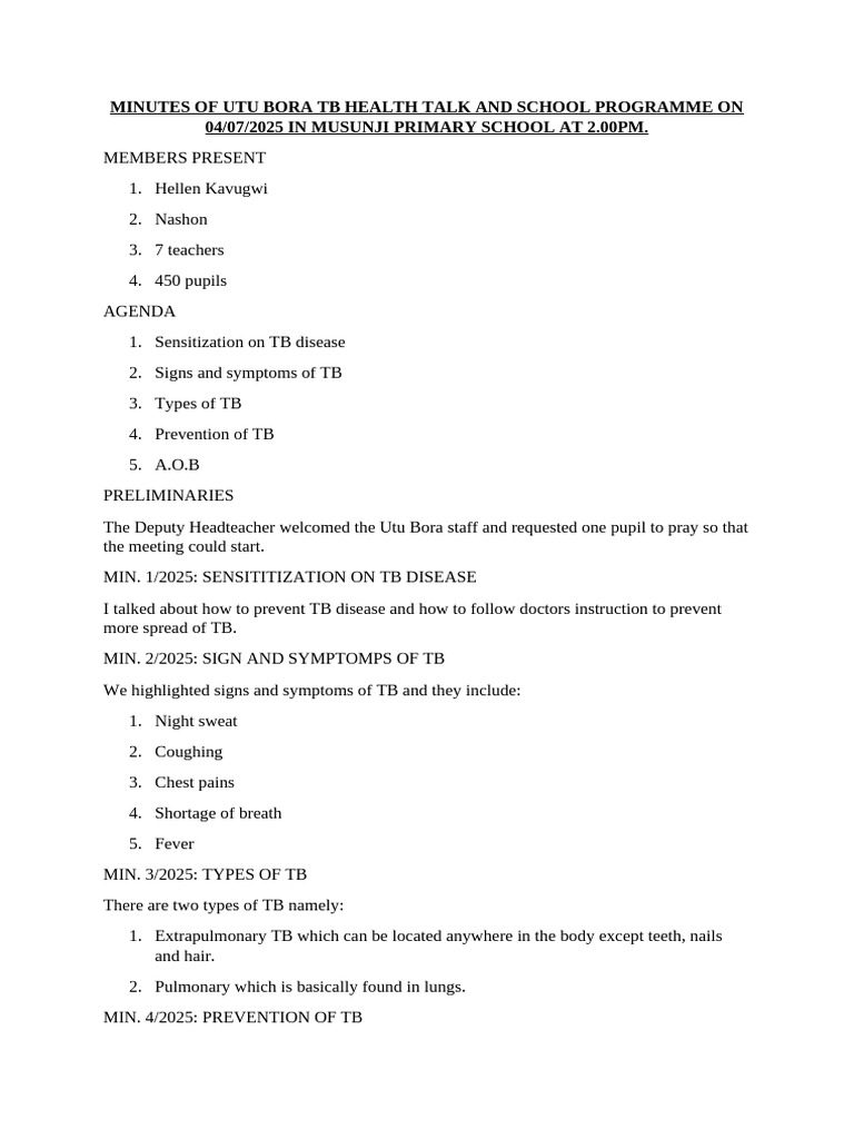 Minutes of TB Health Talk and School Programme On 04 | PDF