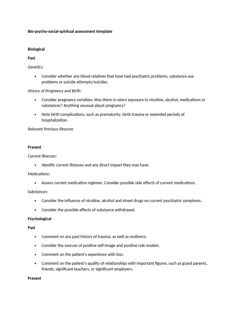 Bio-Psycho-Social-Spiritual Assessment Template | PDF | Psychological ...