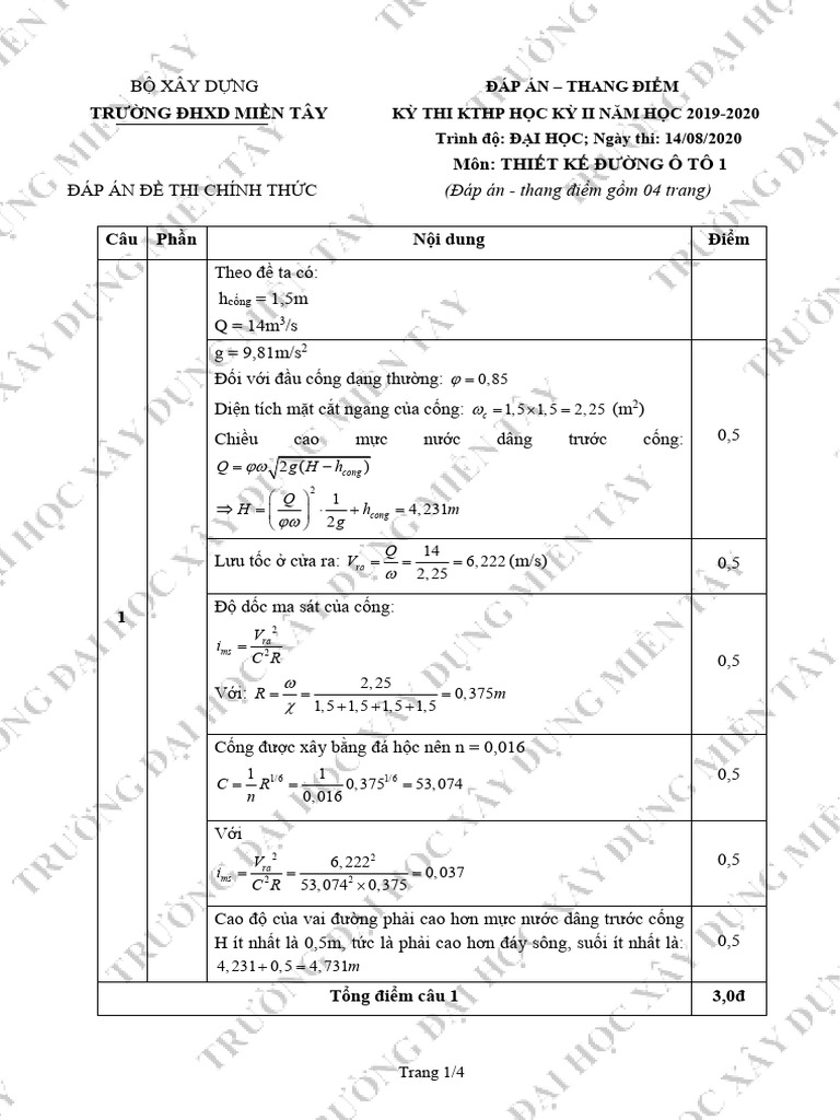 14.08. DapAn ThietKE Duong OTo 1 | PDF