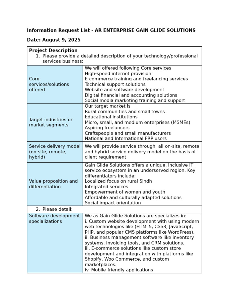 Information Request List - AR Enterprise Gain Glide Solutions | PDF ...