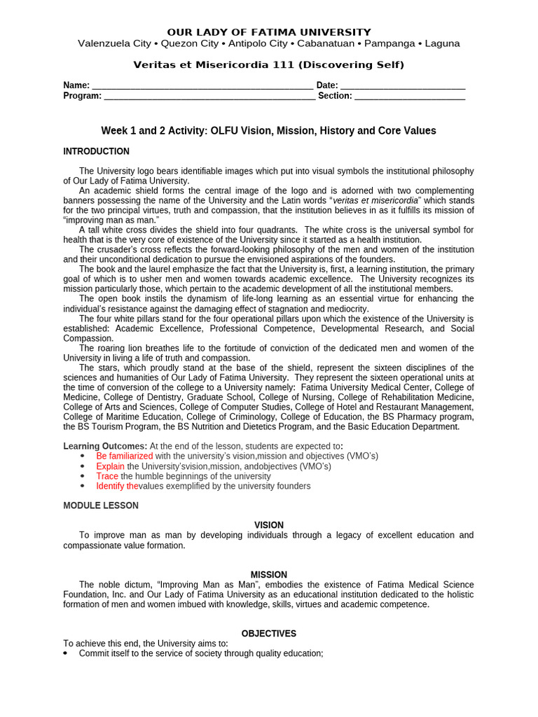 v111 Week 1-2 Olfu Mission,Vision, History and Core Values Activity | PDF | Compassion