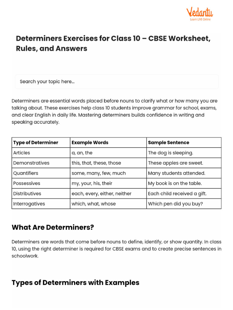 Determiners Exercises For Class 10 - CBSE Worksheet, Rules, and Answers | PDF