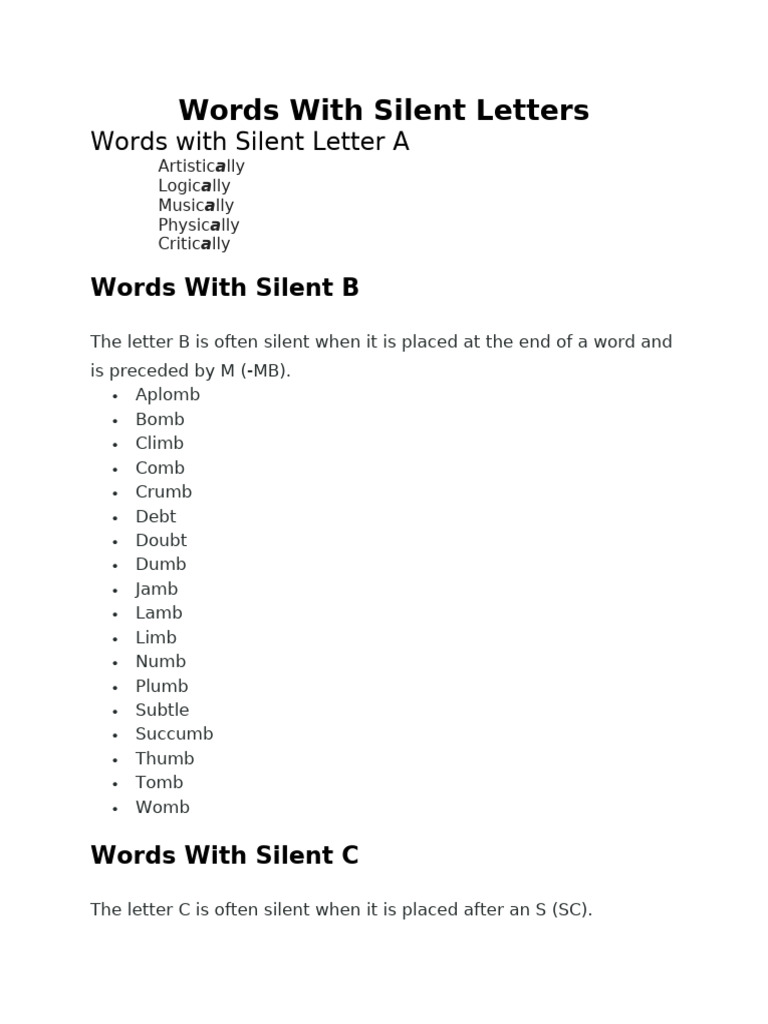 Comprehensive List of Silent Letters | PDF | Phonology | Phonetics