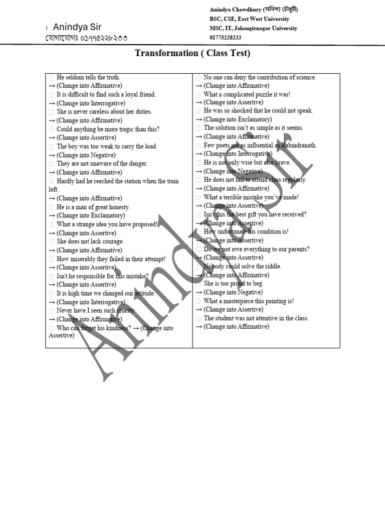 Transformation Class Test Question | PDF