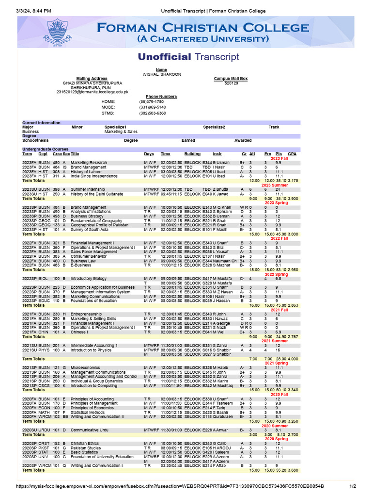 Unofficial Transcript - Forman Christian College | PDF | Economies ...