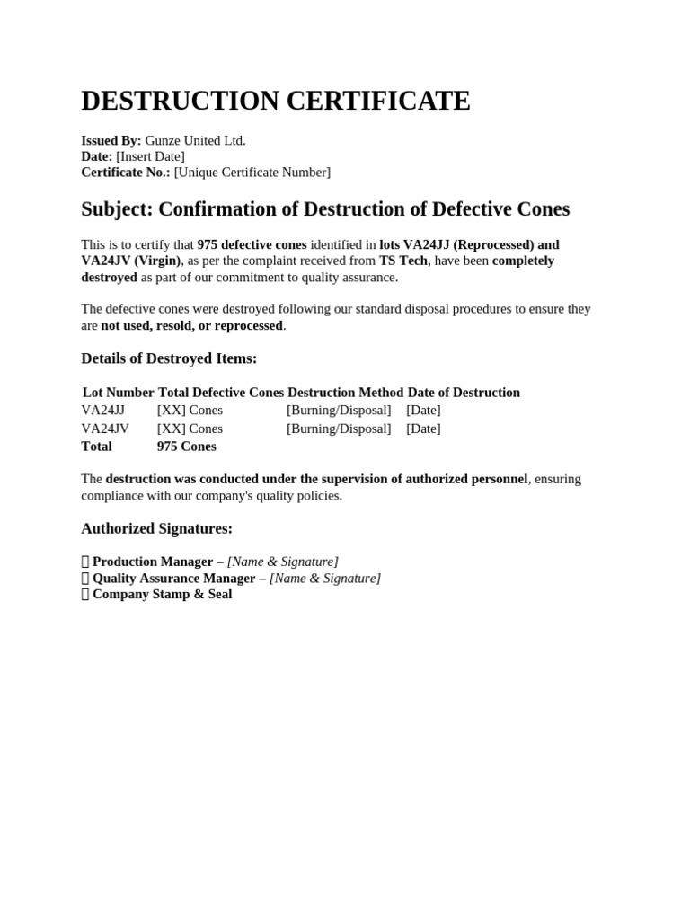 Destruction Certificate for Defective Cones | PDF