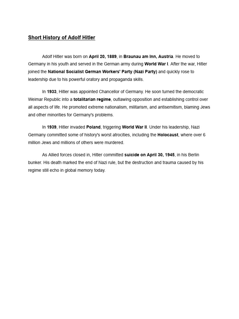 Adolf Hitler - A Brief History of Power and Destruction | PDF