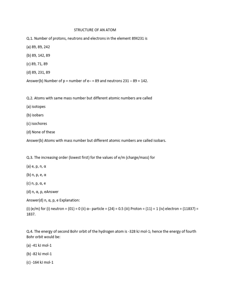 STRUCTURE OF AN ATOM Mcqs | PDF | Atoms | Neutron