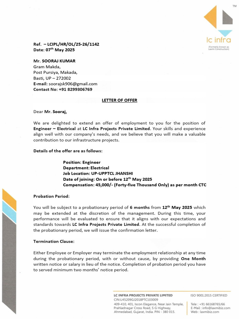 Sooraj Kumar - Offer Letter (1) | PDF | Employment | Labor