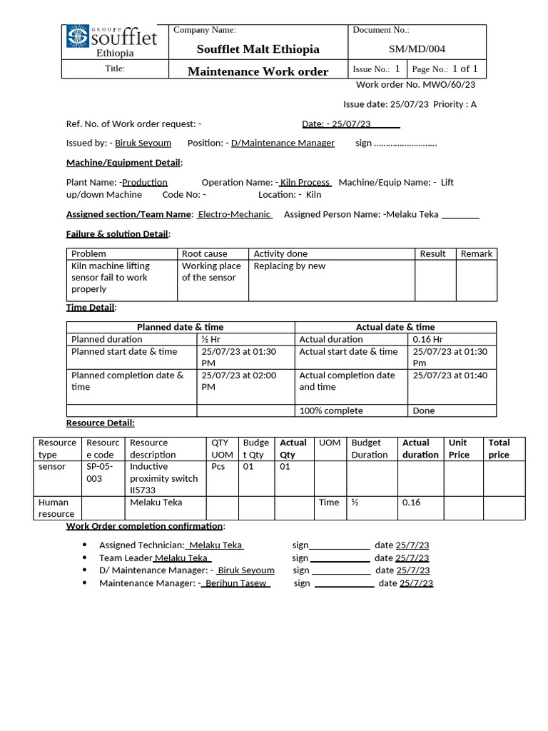 Kiln Machine Maintenance Work Order | PDF