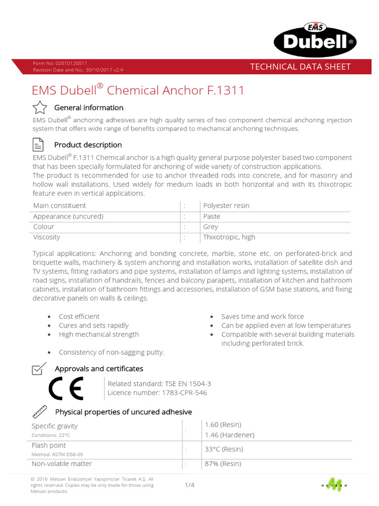 EMS Dubell F.1311 Chemical Anchor Guide | PDF | Concrete | Adhesive