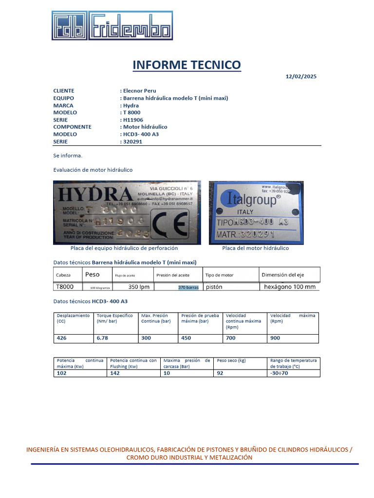 INFORME TECNICO Elecnor Peru - Barreno Hydraulico T8000 | PDF | Pistón ...