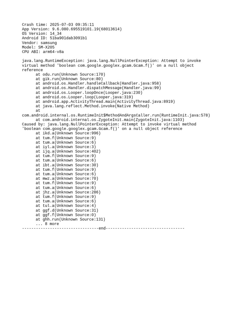 Android Crash Report: NullPointerException | PDF