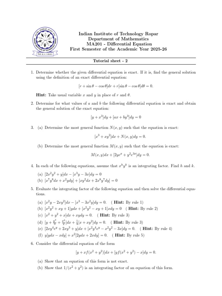 Ma201 Tut2 | PDF | Equations | Mathematical Concepts