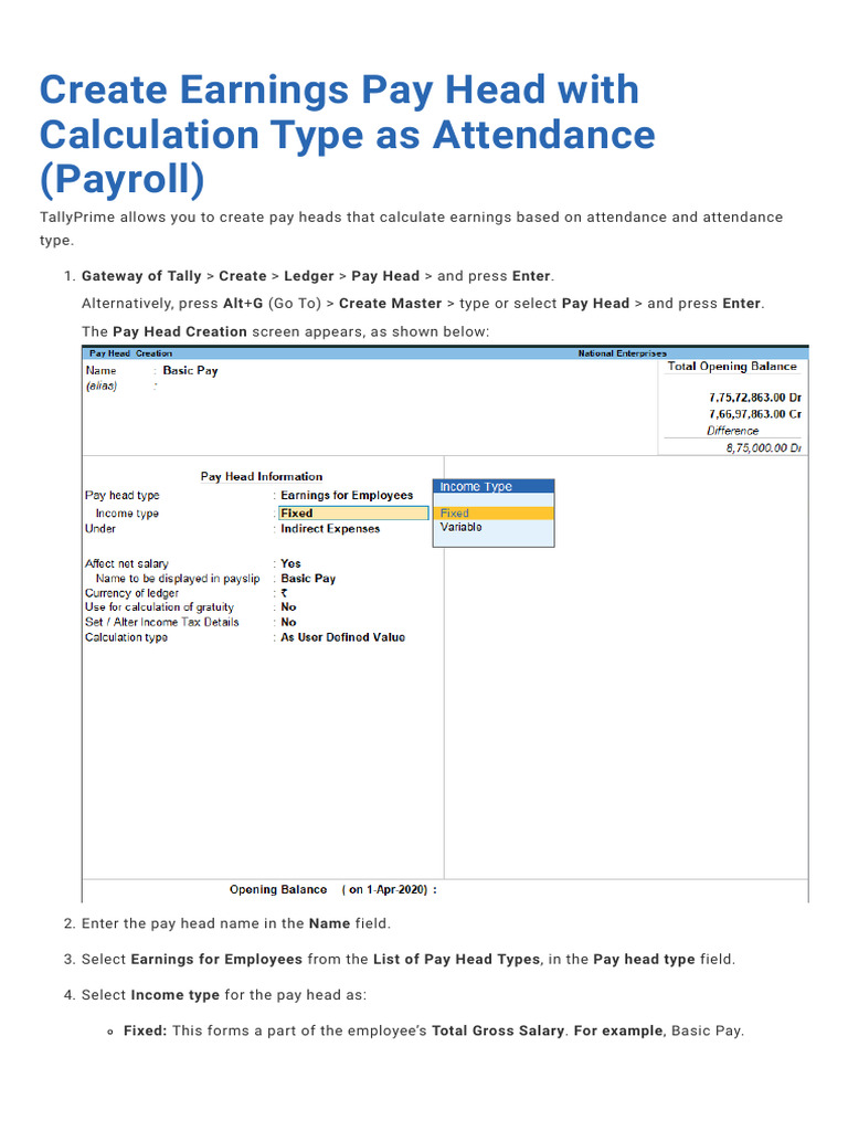 Creating Pay Heads in TallyPrime | PDF | Payroll | Salary