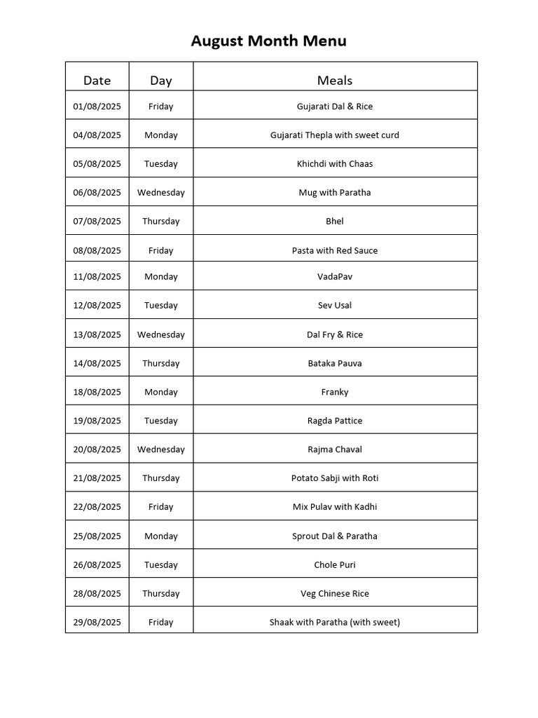 August 2025 Meal Plan Menu | PDF