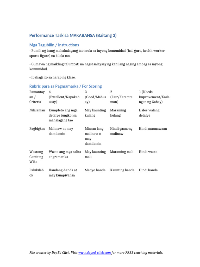 Performance Task Makabansa Grade3 | PDF