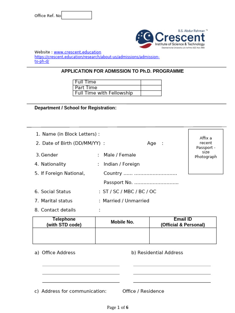 Ph.D. Admission Application Form | PDF | Doctor Of Philosophy