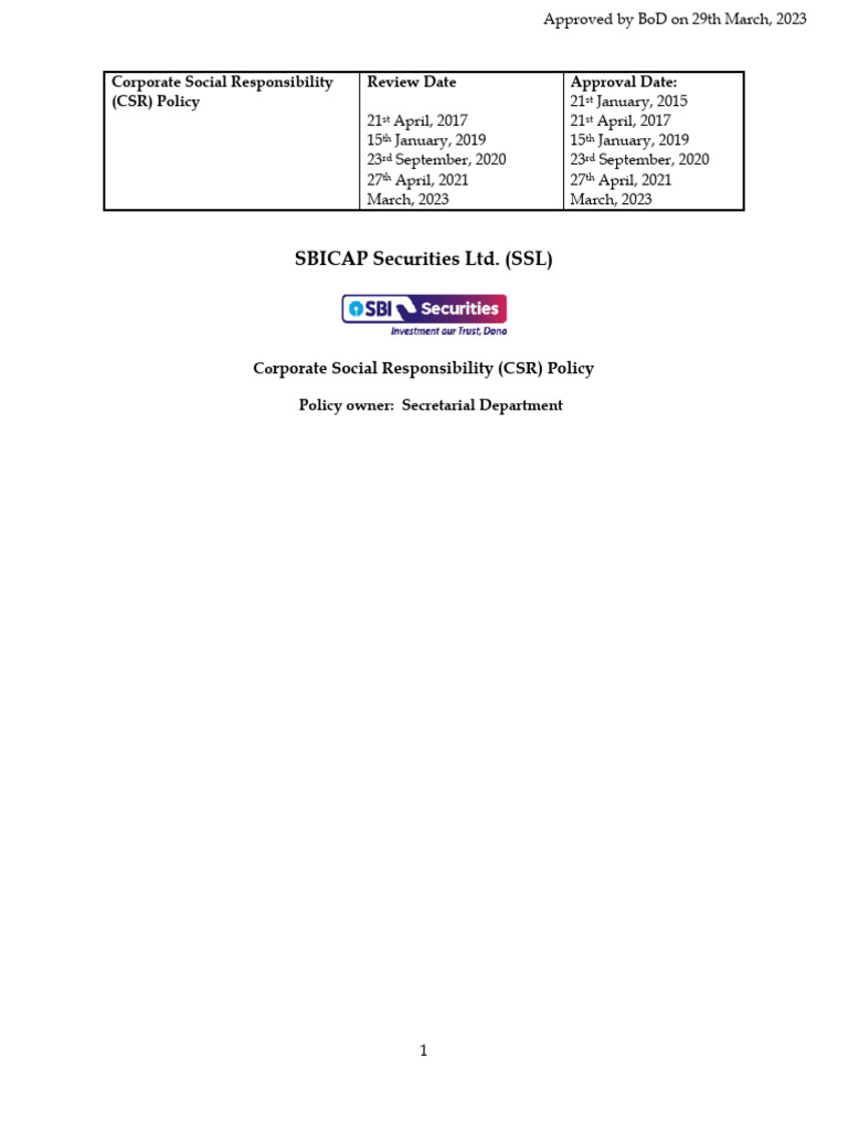 SBICAP Securities CSR Policy Overview | PDF | Corporate Social ...