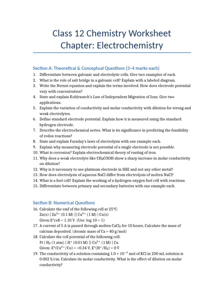 Class 12 Electrochemistry Worksheet | PDF | Electrochemistry ...