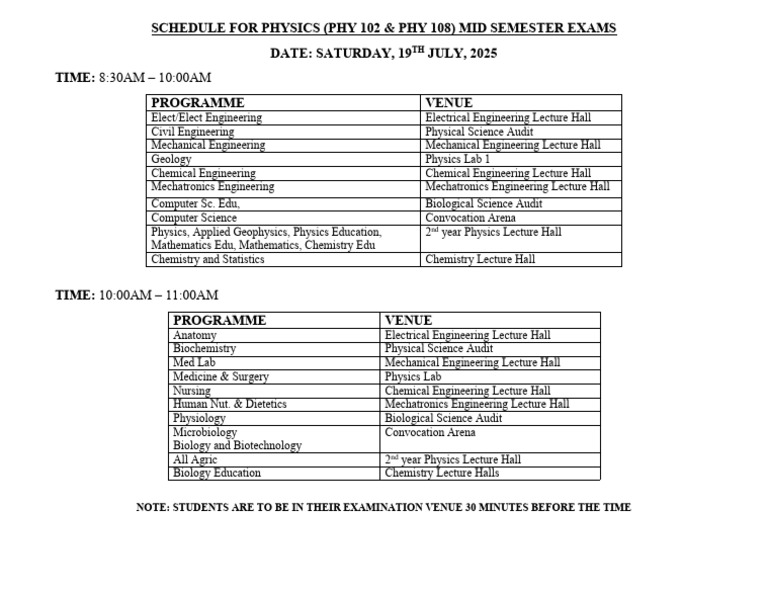 PHY 102 & 108 Mid Sem Exam Schedule '24-'25 - Students | PDF