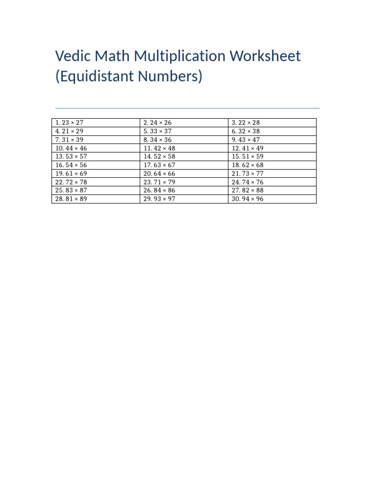 Vedic Math Equidistant Multiplication Worksheet | PDF