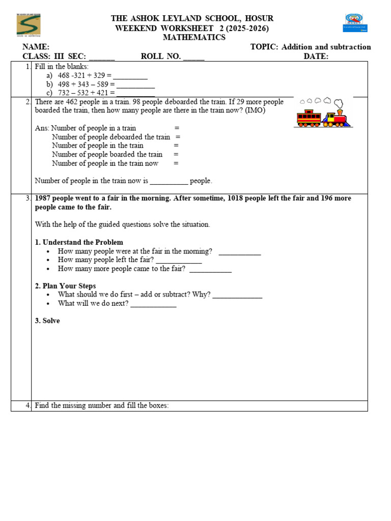 Grade 3 Weekend Worksheet 2 Addition and Subtraction | PDF