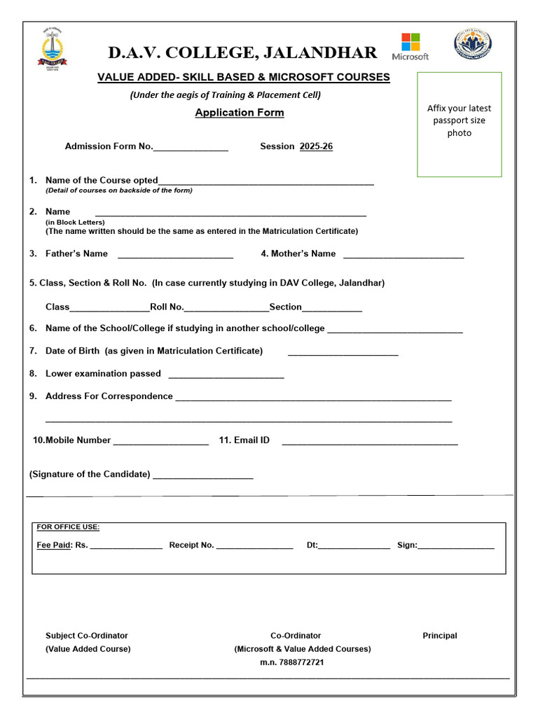 Admission Form Ms & Vac 2025-26 Batch5 - Rf | PDF