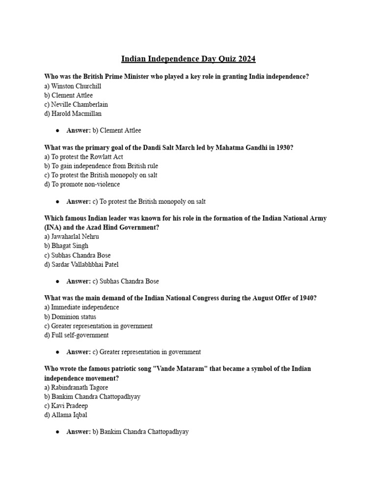 Indian Independence Day Quiz 2024 | PDF | British Raj | Indian ...