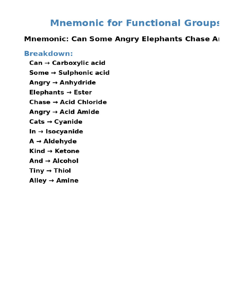 Functional Groups Mnemonic With Image | PDF