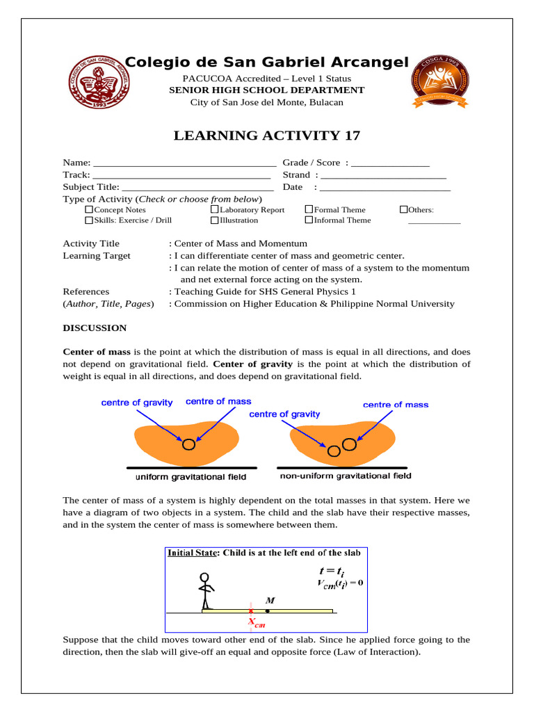 Center of Mass and Momentum Activity | PDF | Mass | Center Of Mass