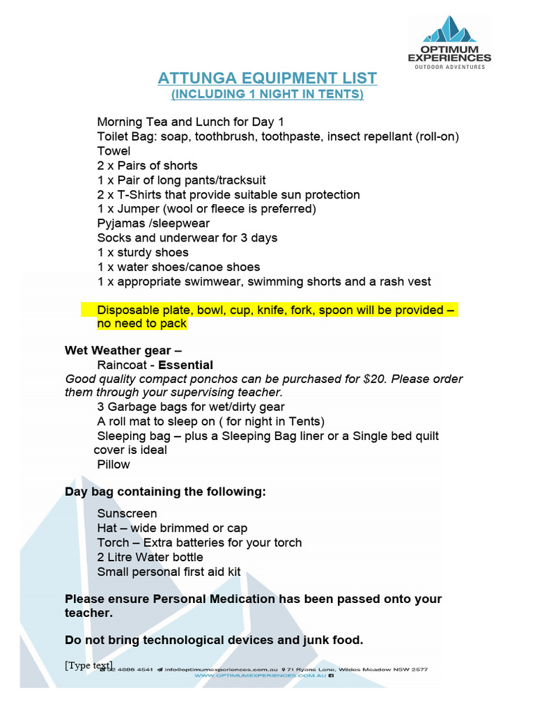 Attunga Camp Equipment List (Update) | PDF