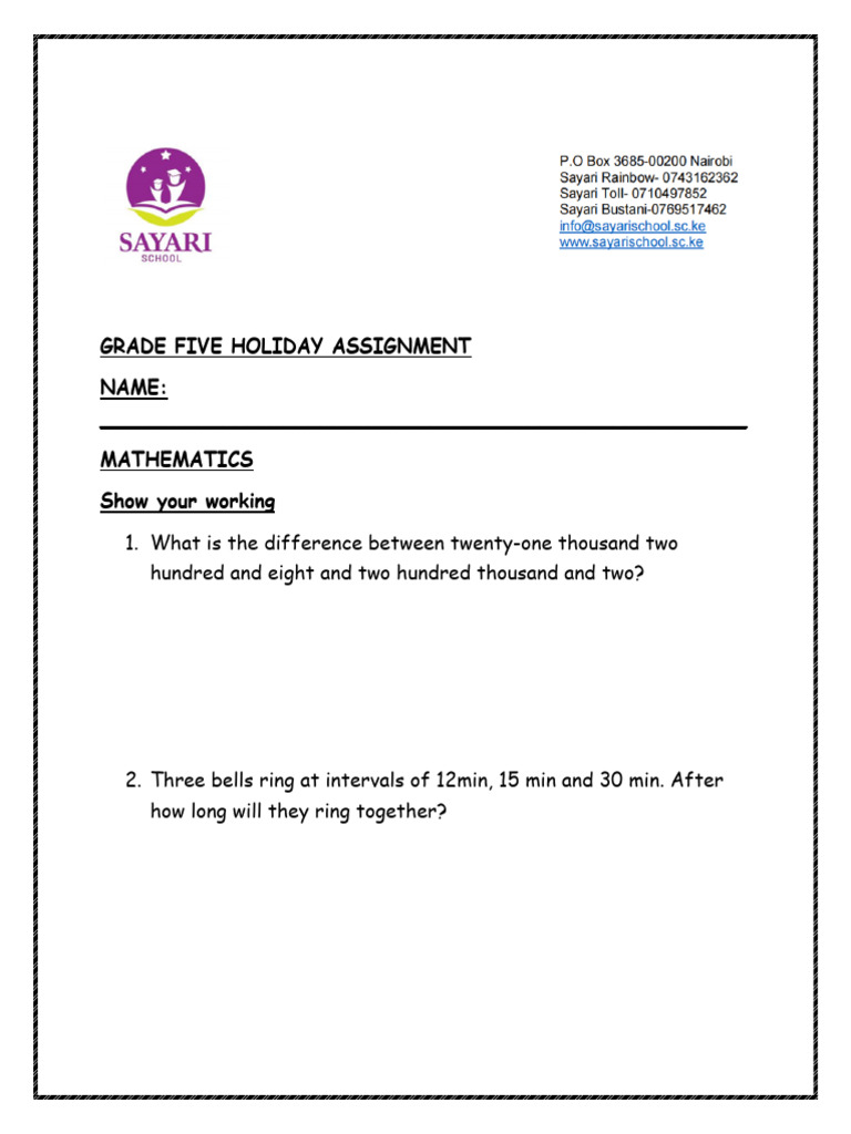 Grade 5 August Holiday Assignment | PDF